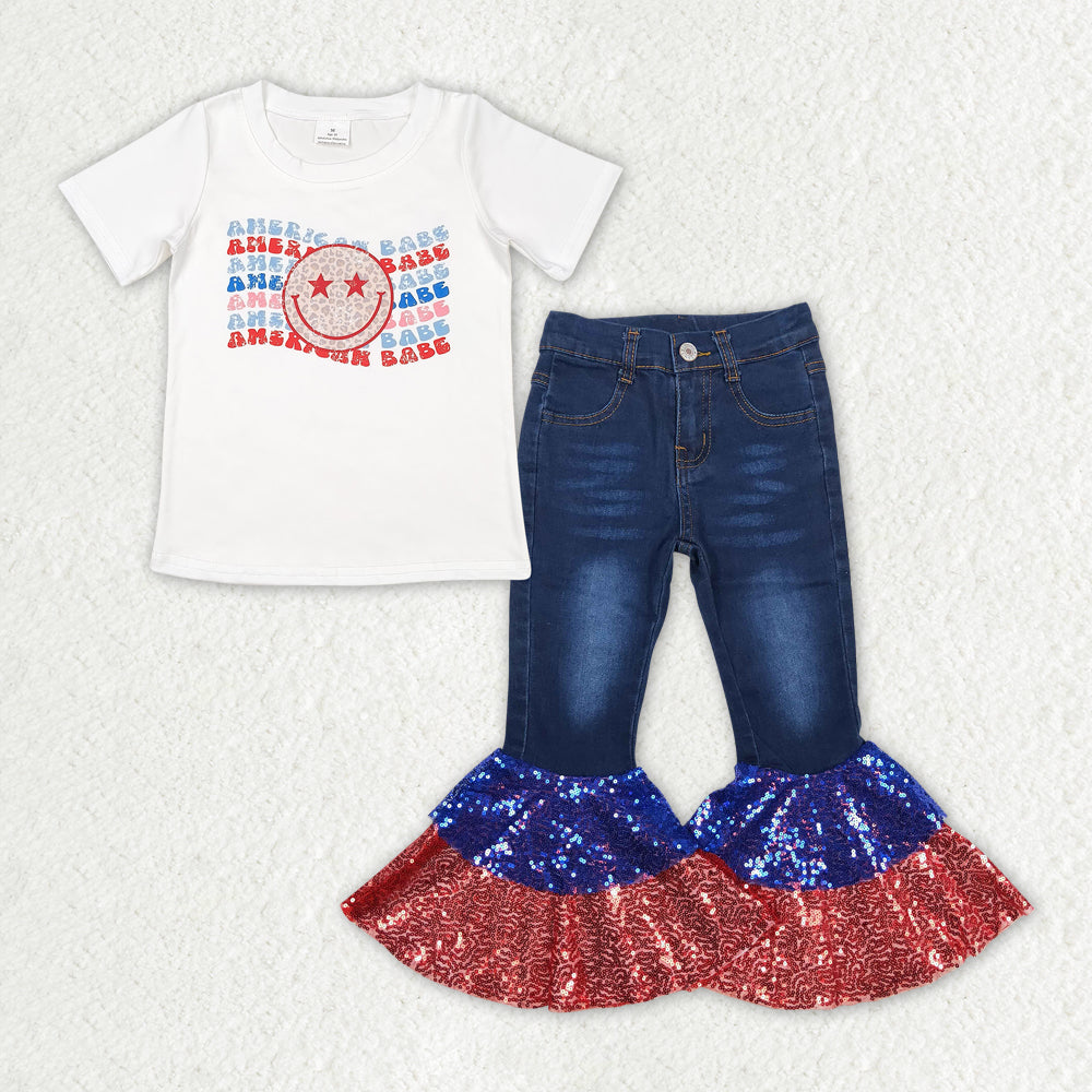 GSPO1624 baby girl clothes 4th of July patriotic girl bell bottoms jea ...